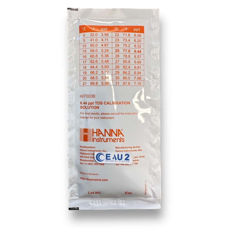 Solution étalon 6,44g/l pour testeur sel sachet 20ml Hanna HI70038